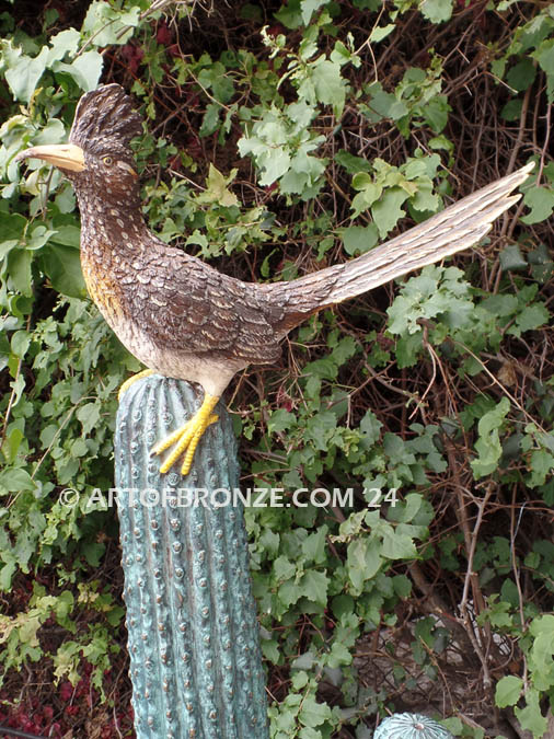 Desert Life- Roadrunner on cactus Bronze Sculpture