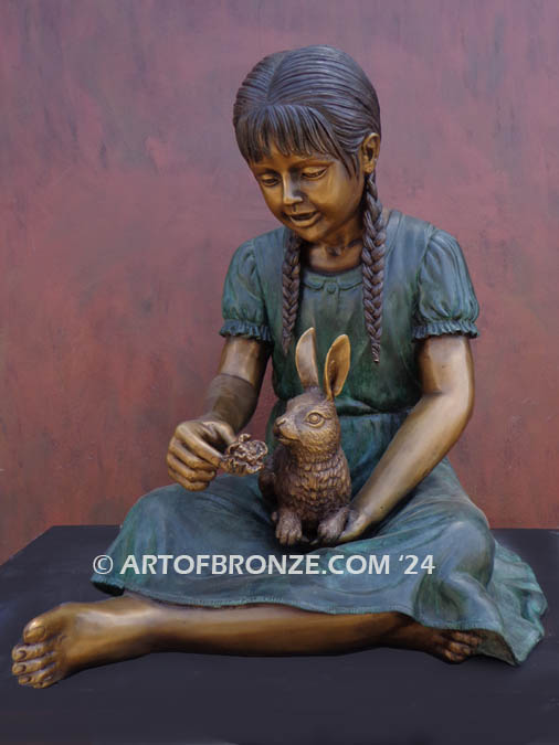 Feeding My Rabbit - Bronze Statue Girl with Rabbit - Art of Bronze